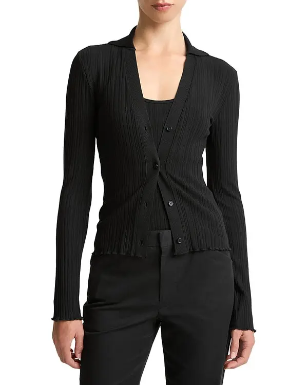 Vince Rib Knit Polo Cardigan Sweater - Black