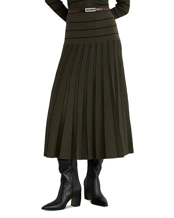 REISS Alice Pleated Skirt - Khaki Green