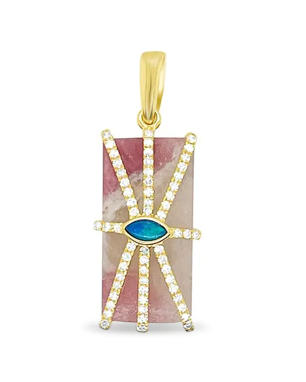 Meira T 14k Yellow Pink Tourmaline, Opal, & Diamond Rectangle Pendant - Gold