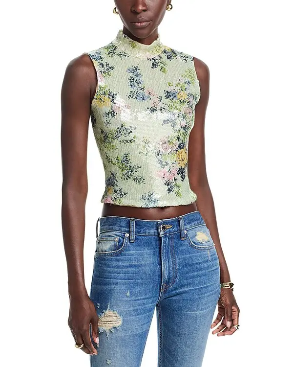 Brandon Maxwell Piper Paillette Mock Neck Tank - Green Floral
