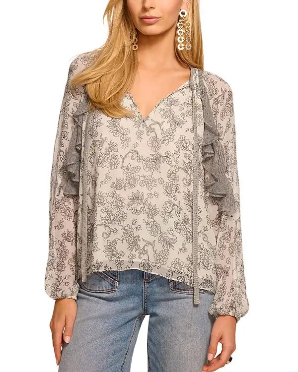 Ramy Brook Emily Floral Silk Top - Bone/black