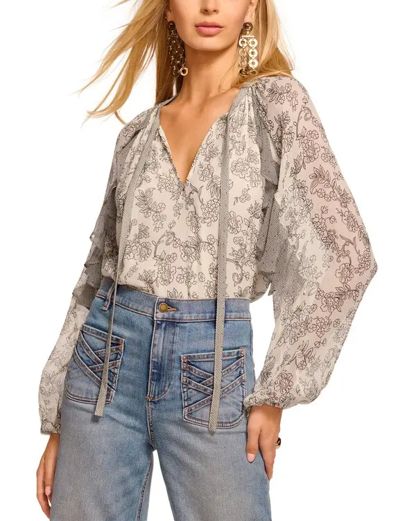 Ramy Brook Emily Floral Silk Top - Bone/black