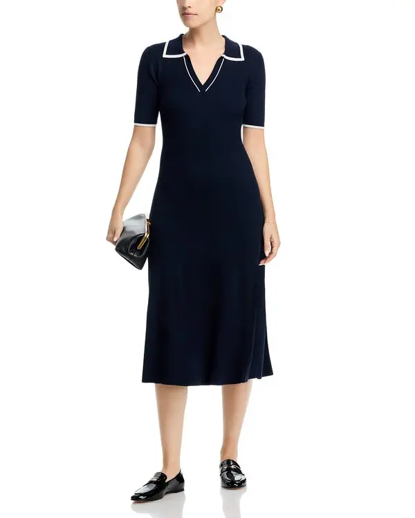 T Tahari Short Sleeve Polo Collar Midi Dress - Dark Navy