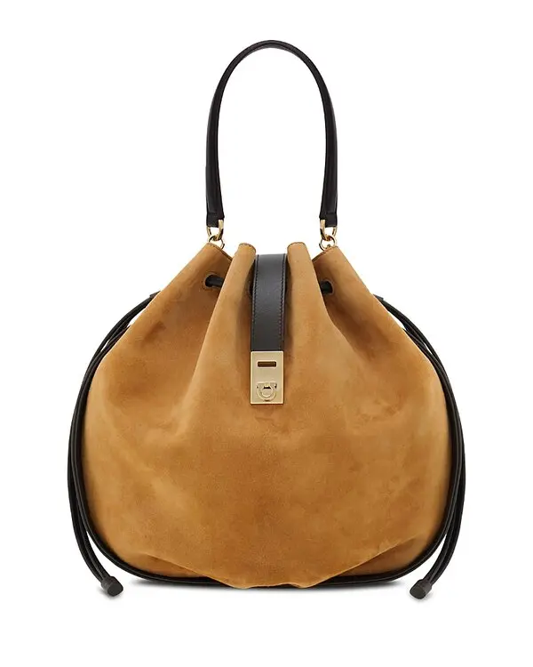 FERRAGAMO Hug Suede Bucket Bag - Naturale