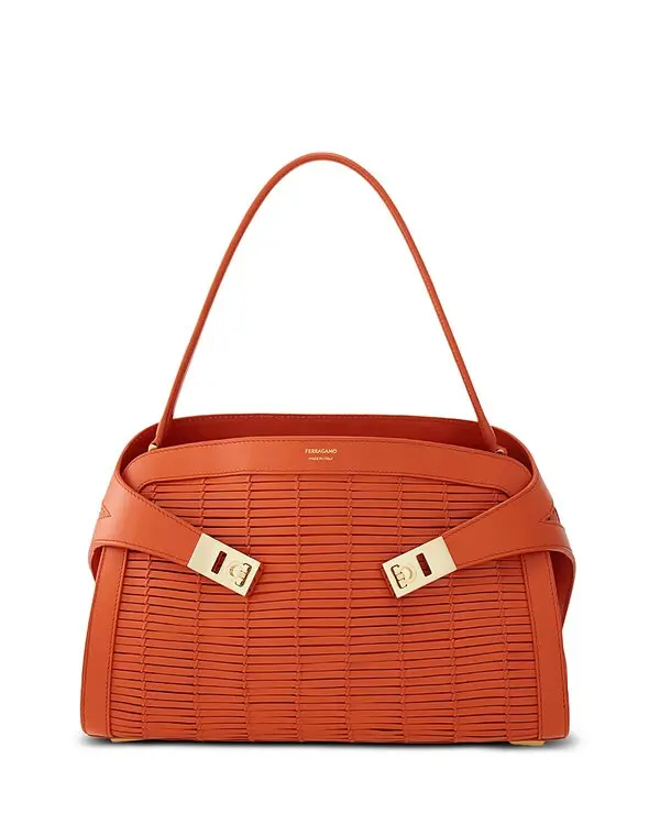 FERRAGAMO Hug Medium Woven Leather Handbag - Light Sienna