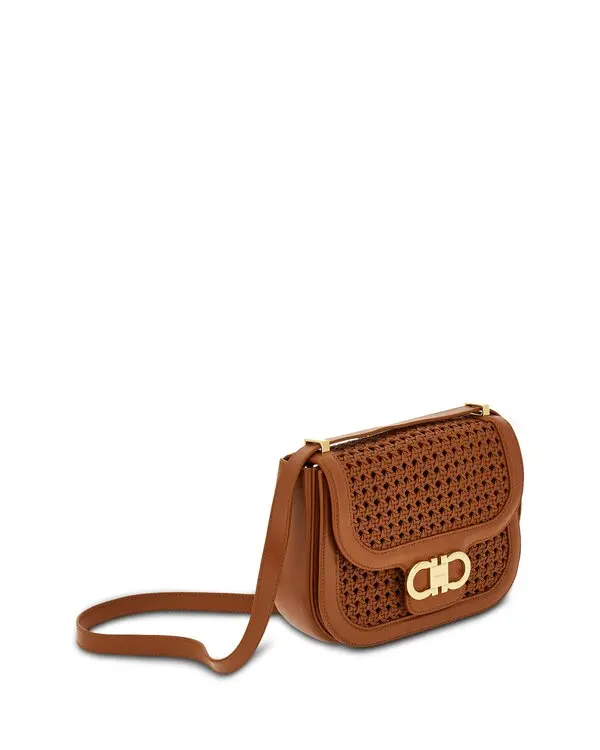 FERRAGAMO Double Gancini Woven Leather Crossbody - Naturale