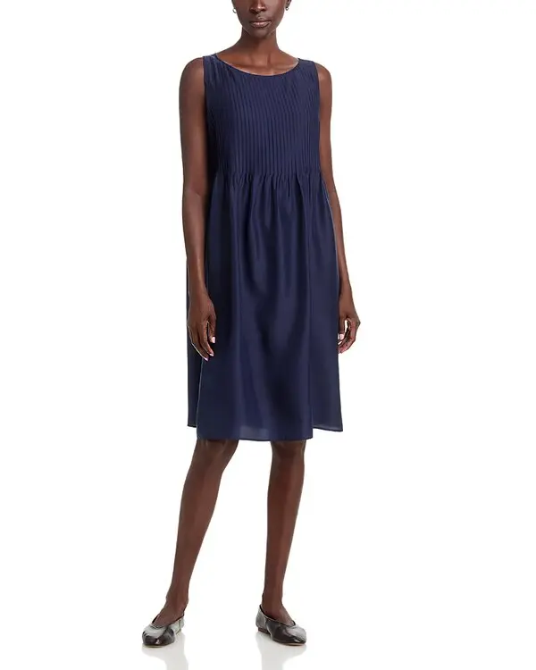 Eileen Fisher Silk Bateau Neck Pleated Dress - Ink