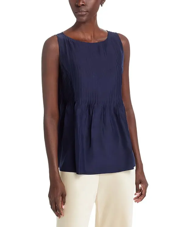 Eileen Fisher Silk Bateau Neck Pleated Shell - Ink