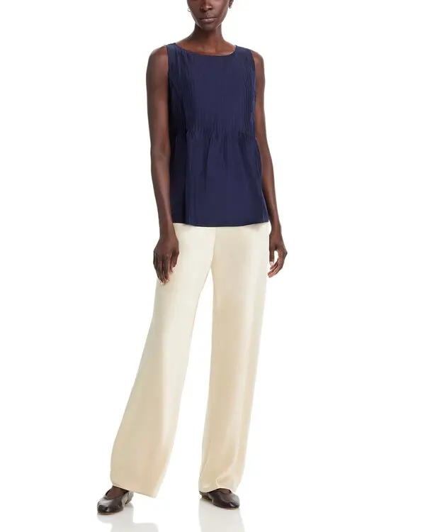 Eileen Fisher Silk Bateau Neck Pleated Shell