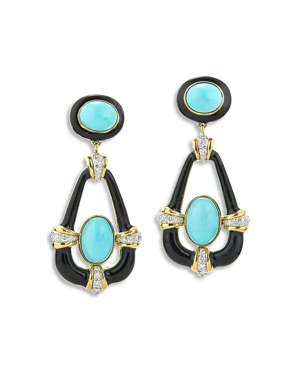 David Webb David Web Platinum & 18k Yellow Colors Turquoise, Diamond & Black Enamel Drop Earrings - Gold