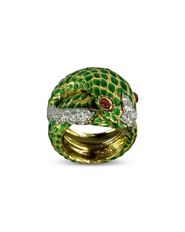 David Webb David Web Platinum & 18k Yellow Kingdom Ruby, Diamond & Enamel Snake Ring - Gold