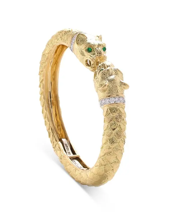 David Webb David Web Platinum & 18k Yellow Kingdom Diamond & Emerald Greek Lion Cuff Bracelet - Gold