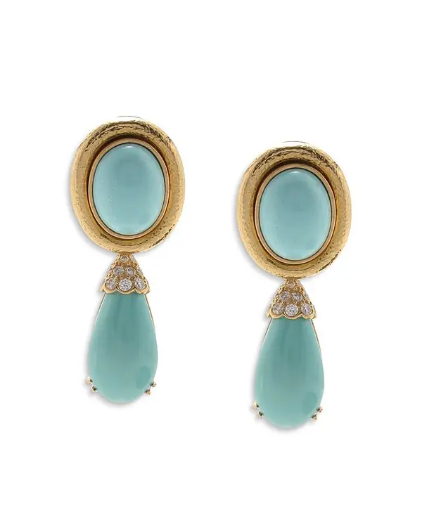 David Webb David Web 18k Yellow Colors Turquoise & Diamond Detachable Drop Clip On Earrings - Gold