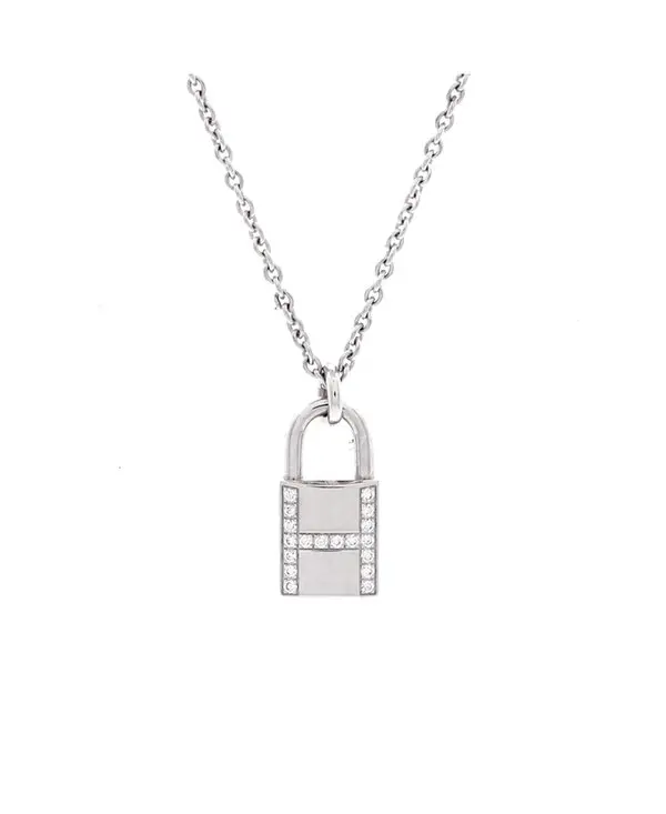HERMES Amulettes Cadenas Pendant Necklace 18k Gold With Diamonds, 15.75 - White