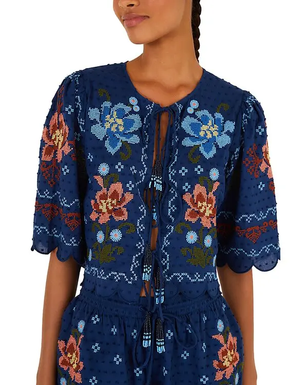 Farm Rio Stitched Garden Swim Cover-up Top - Dark Blue