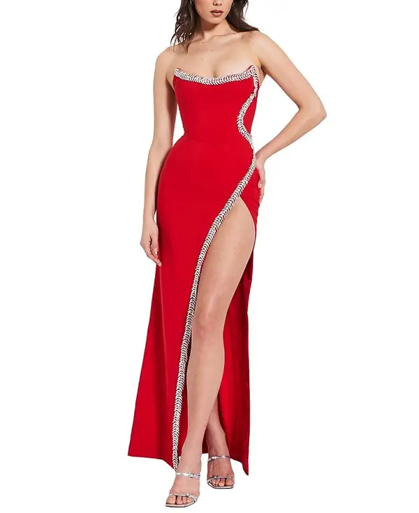 MISS CIRCLE Xoana Strapless High Slit Crystal Embellished Gown - Red