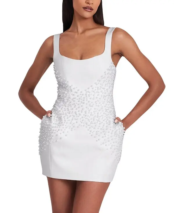 MISS CIRCLE Tais Faux Pearl Beaded Cocoon Shape Mini Dress - White