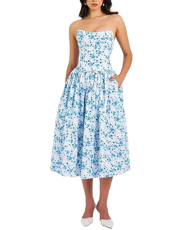 MISS CIRCLE Paloma Print Linen Corset Draping Top Midi Dress - Blue