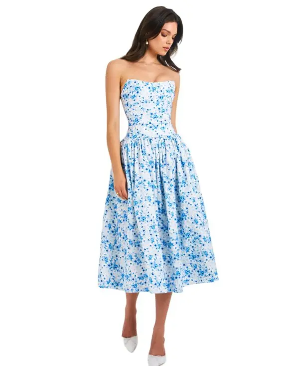 MISS CIRCLE NEW YORK Paloma Print Linen Corset Midi Dress