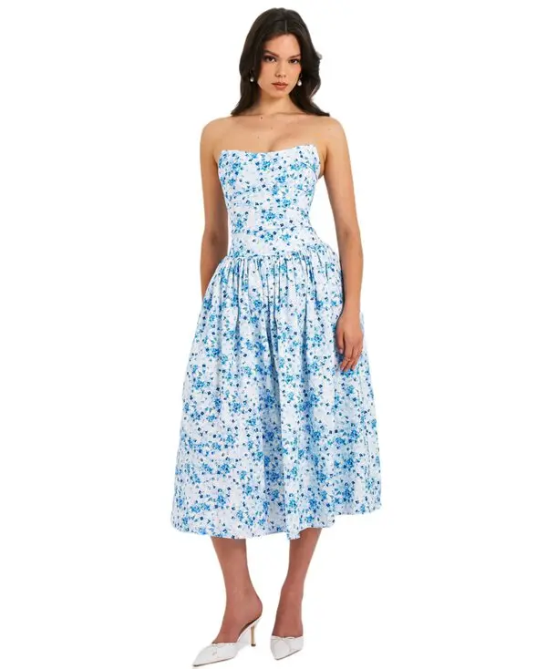 MISS CIRCLE NEW YORK Paloma Print Linen Corset Midi Dress