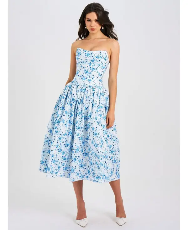 MISS CIRCLE NEW YORK Paloma Print Linen Corset Midi Dress