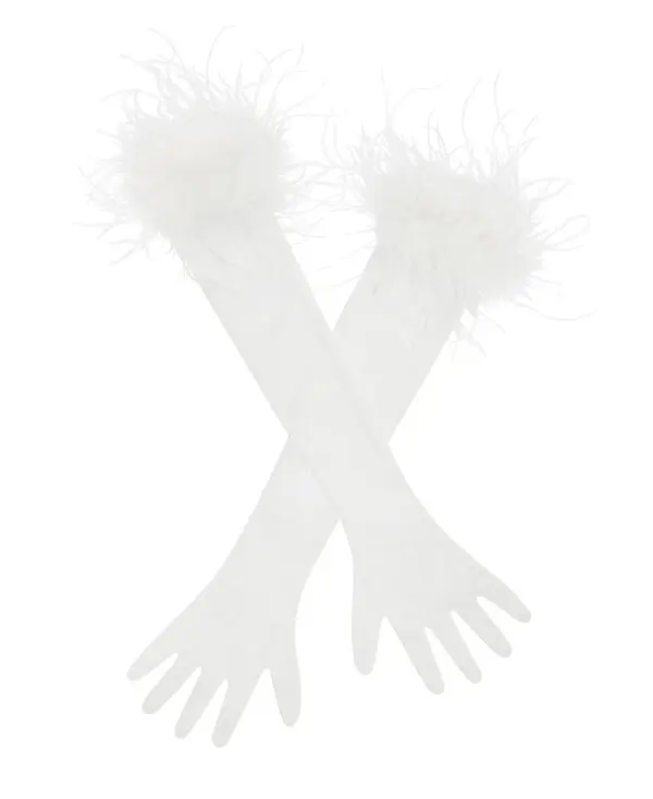 MISS CIRCLE NEW YORK Quinn Feather Trimmed Opera-length Gloves - White