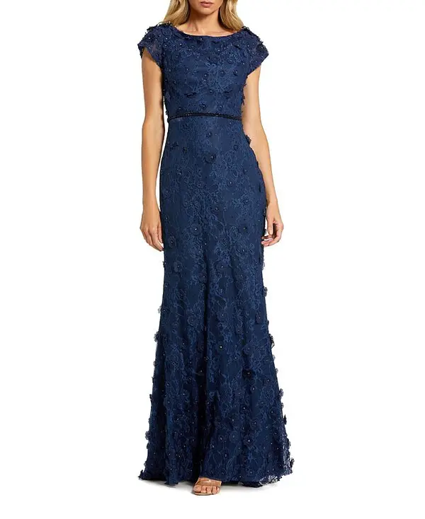 Mac Duggal Floral Applique Boat Neck Gown - Midnight