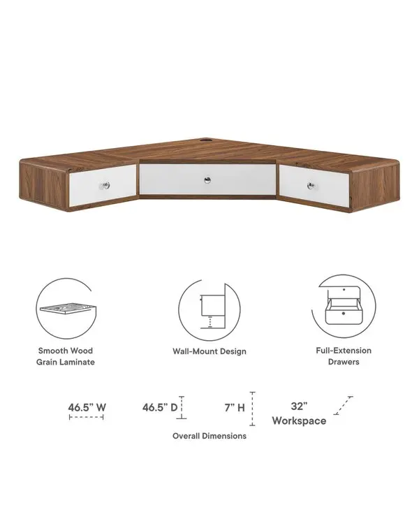 MODWAY Transmit 47" Wall Mount Corner Walnut Office Desk