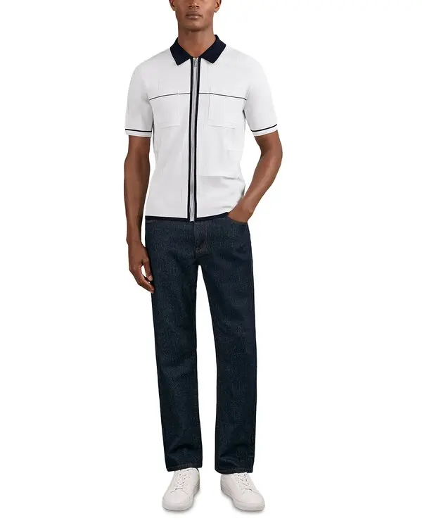 REISS Baxter Short Sleeve Zip Through Windowpane Texture Polo Shirt