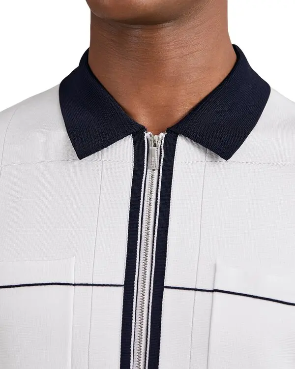 REISS Baxter Short Sleeve Zip Through Windowpane Texture Polo Shirt