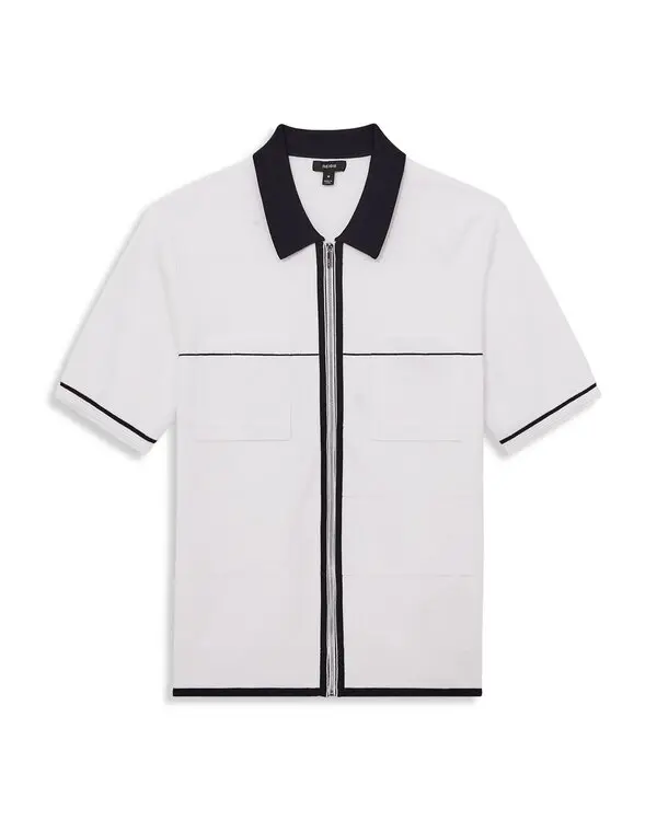REISS Baxter Short Sleeve Zip Through Windowpane Texture Polo Shirt