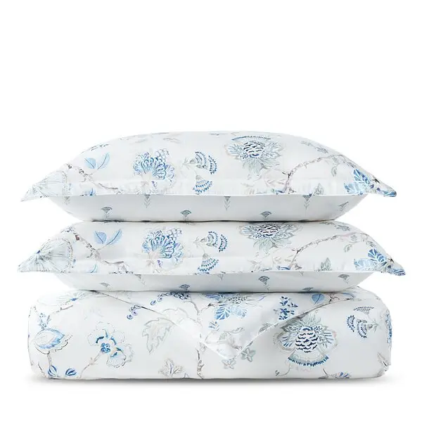 CHRISTY Tropical Floral Cotton Sateen Reversible Duvet Cover Set, Full/queen Exclusive - Blue