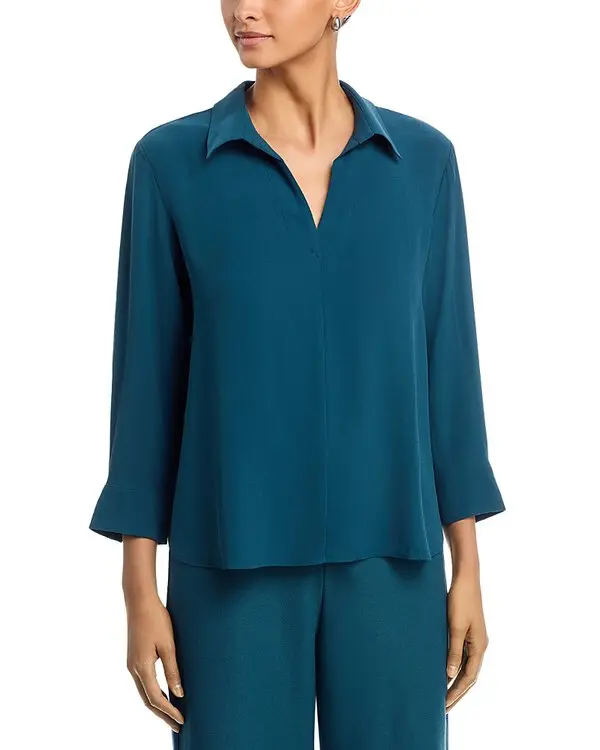 Eileen Fisher Silk Georgette Crepe Classic Collar Top - Alpine
