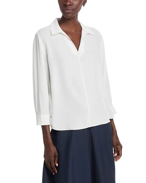 Eileen Fisher Silk Georgette Crepe Classic Collar Top - Ivory