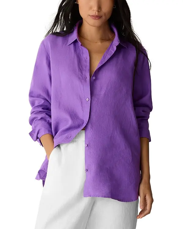 Eileen Fisher Linen Classic Collar Long Shirt - Petunia