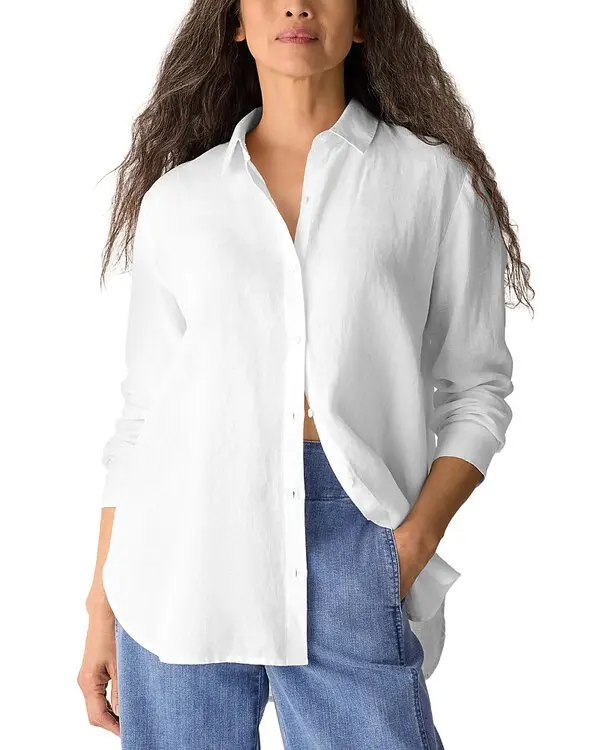 Eileen Fisher Linen Classic Collar Long Shirt - White