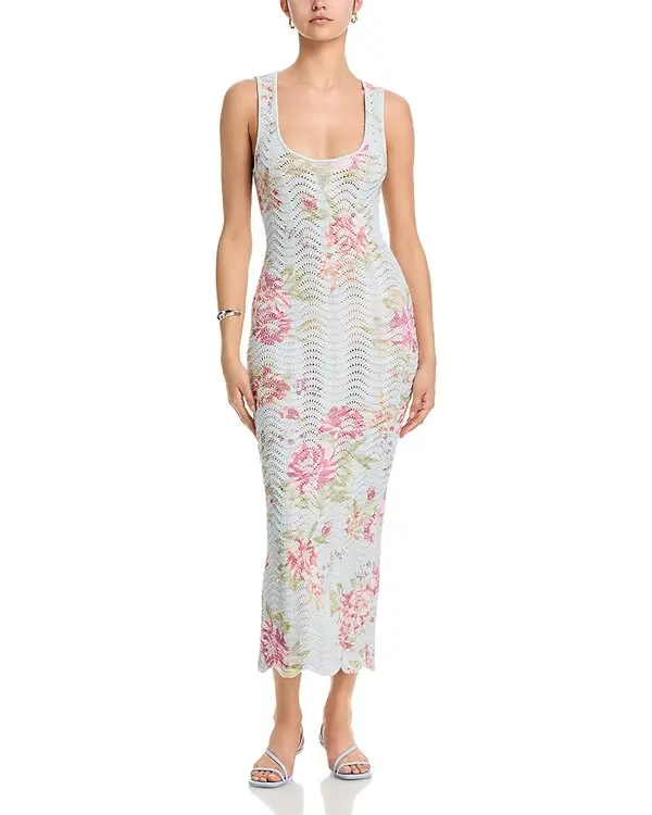 Aqua Floral Sweater Knit Tank Midi Dress - Blue Multi