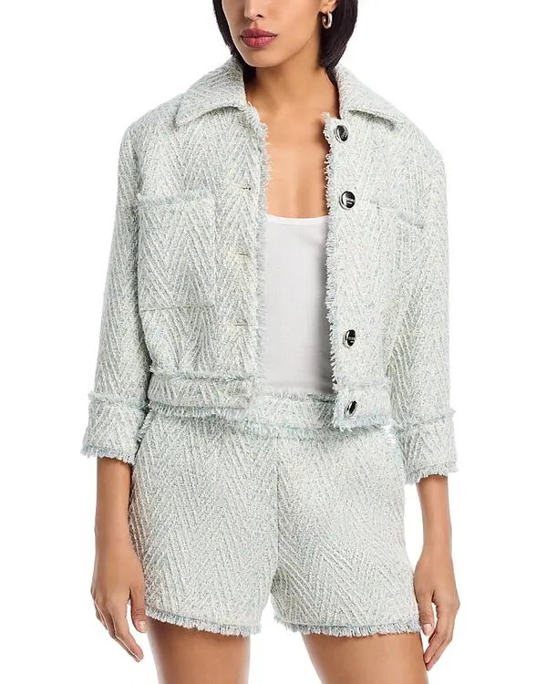 L'Agence Jia Crop Fringe Jacket - Light Blue/ivory Chevron