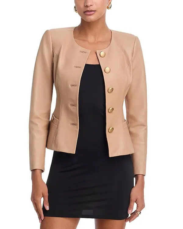 L'Agence Mariella Collarless Leather Blazer - Cappuccino