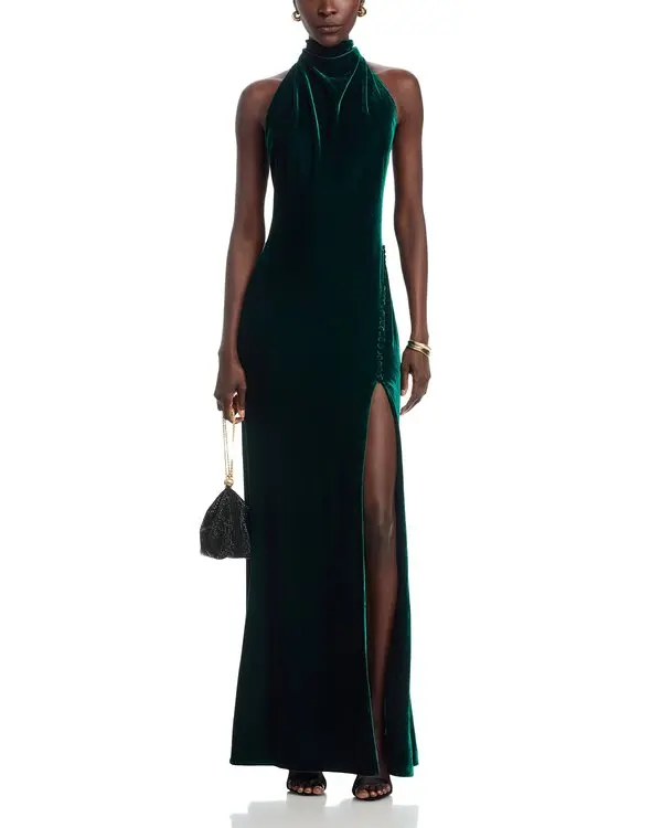 sachin and babi light blue dress Sau Lee Penelope Velvet Halter Gown - Dark Green - 50% Off