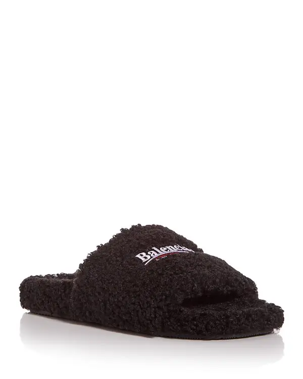 Balenciaga Faux Fur Slide Sandals - Nero/rouge