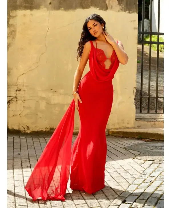 MISS CIRCLE NEW YORK Ulanda Chiffon Lace Backless Maxi Train Gown