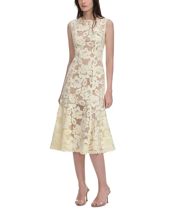 SELF-PORTRAIT Crochet Lace Midi Dress - Yellow