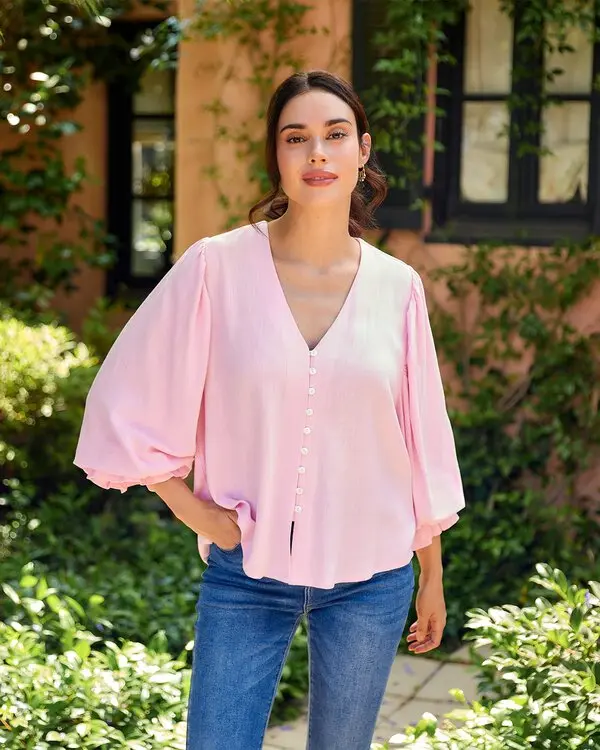 Karen Kane Layered Sleeve Shirred Blouse