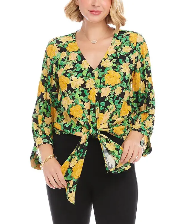 Karen Kane Blouson Sleeve Tie Front Top - Floral