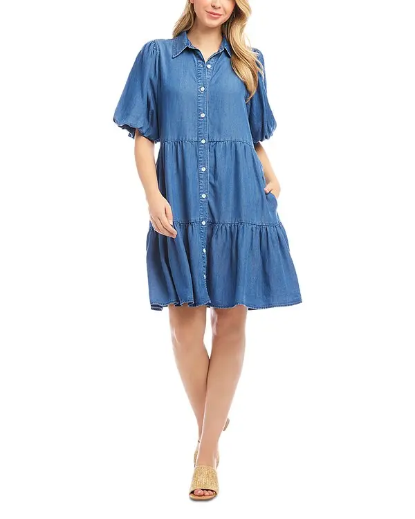 Karen Kane Petite Sleeve Tiered Shirtdress - Chambray
