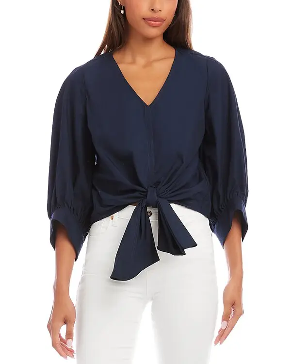 Karen Kane Blouson Sleeve Tie Front Top - Navy
