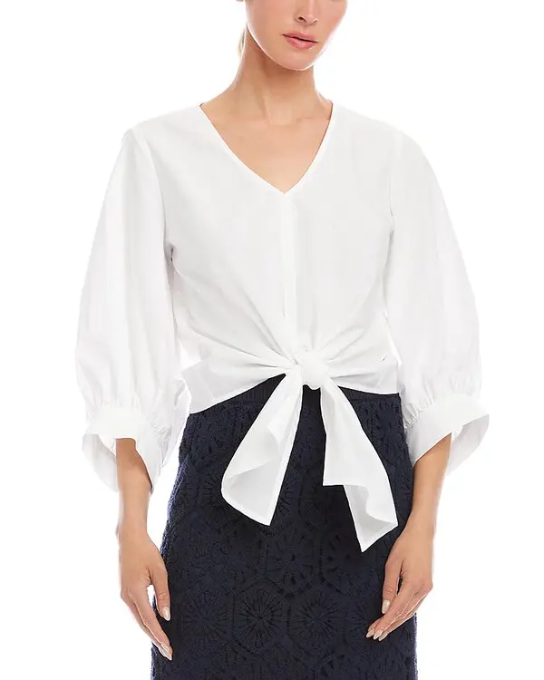 Karen Kane Blouson Sleeve Tie Front Top - Off White