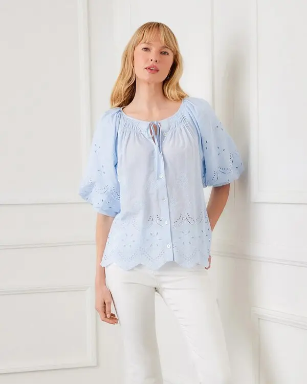 Karen Kane Puff Sleeve Embroidered Top - Blue