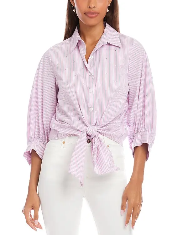Karen Kane Blouson Sleeve Embellished Tie-front Top - Pink